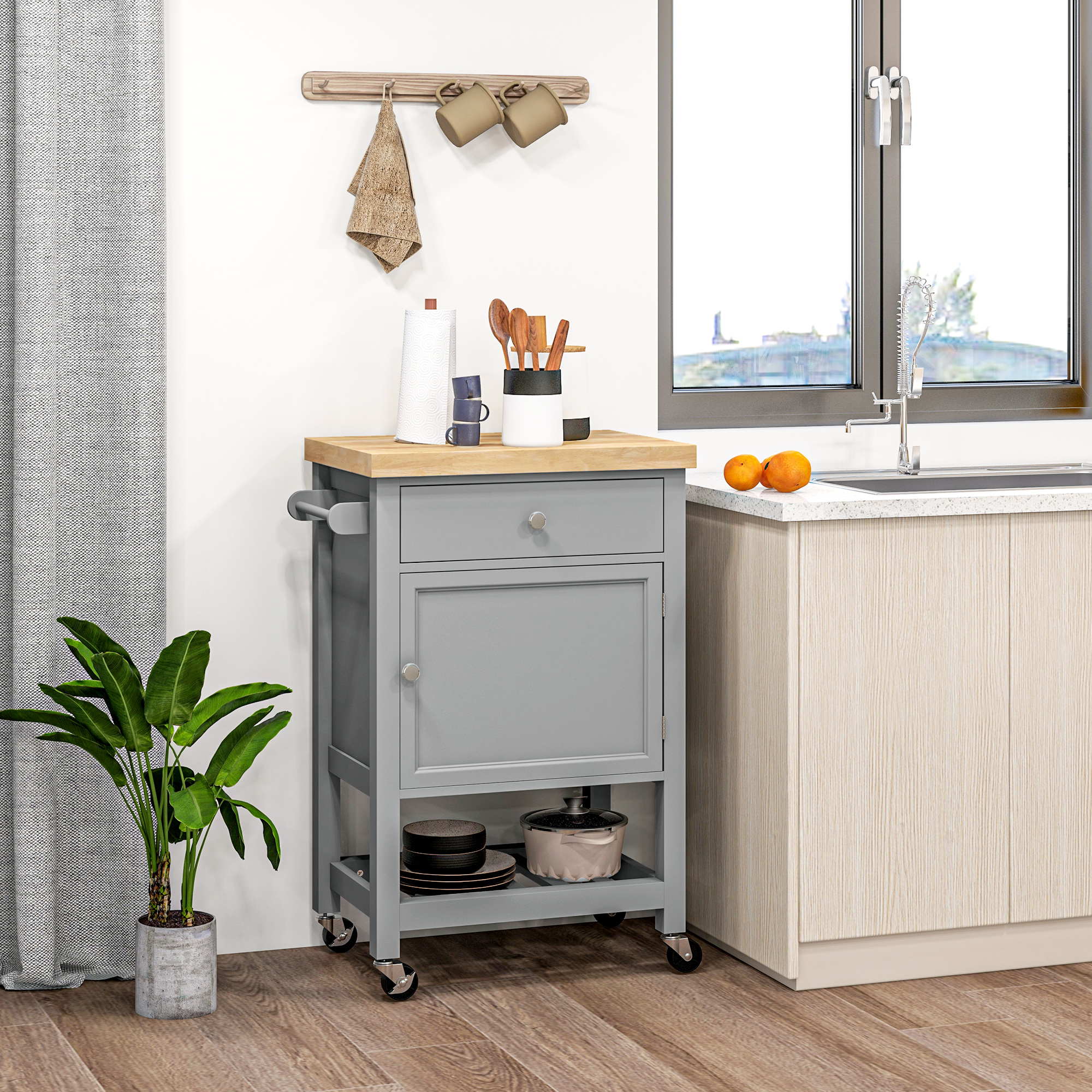 HOMCOM Kitchen Island on Wheels, Rolling Kitchen Cart with Rubberwood ...