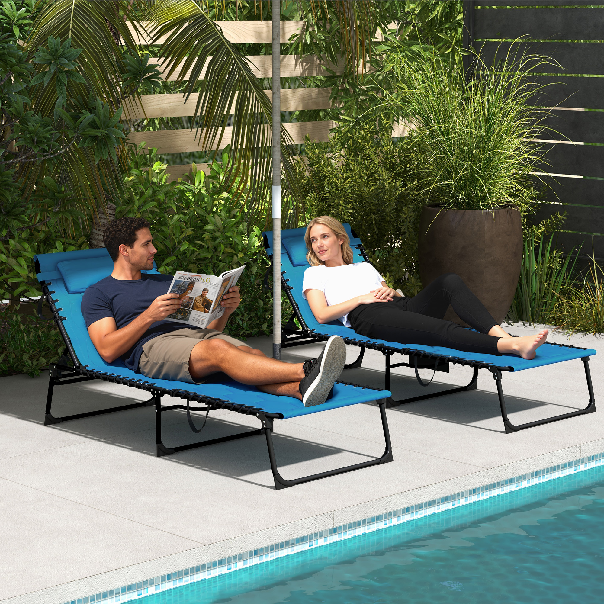 Outsunny Folding Chaise Lounge Set with Reclining Backs, Sky Blue ...