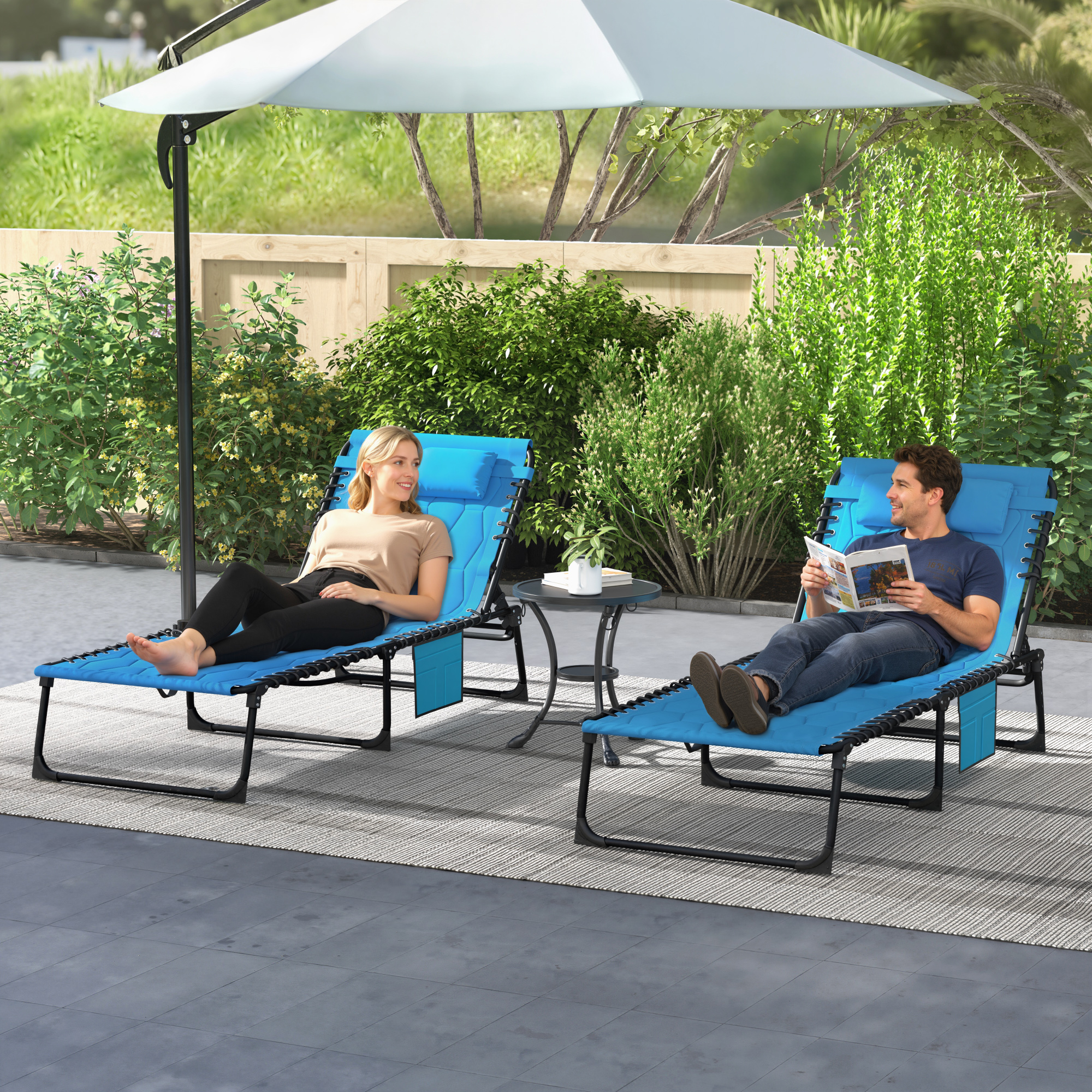 Outsunny Folding Chaise Lounge Set with Reclining Backs, Sky Blue ...