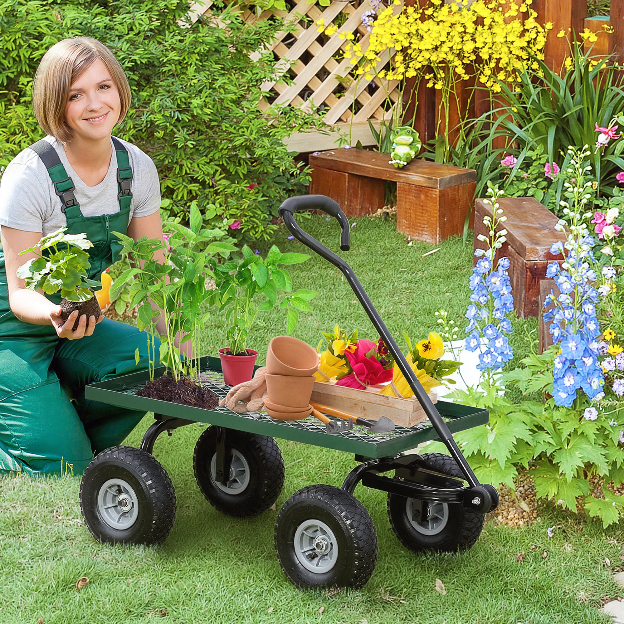 Outsunny Heavy Duty Garden Wagon Cart with 10" Wheels, 330 lbs Capacity ...