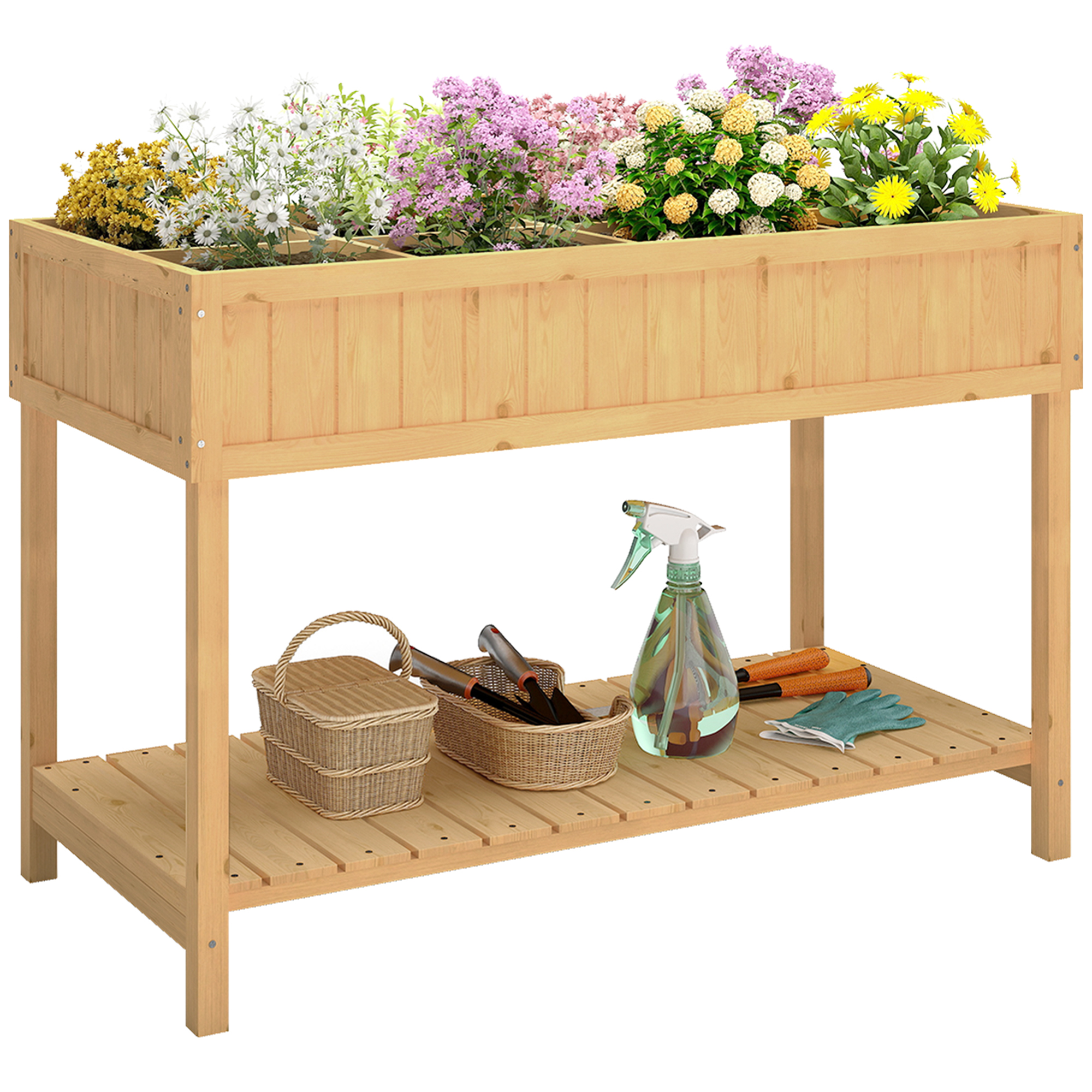 Outsunny Elevated Natural Garden Plant Stand 8 Grid Box w/ Storage ...