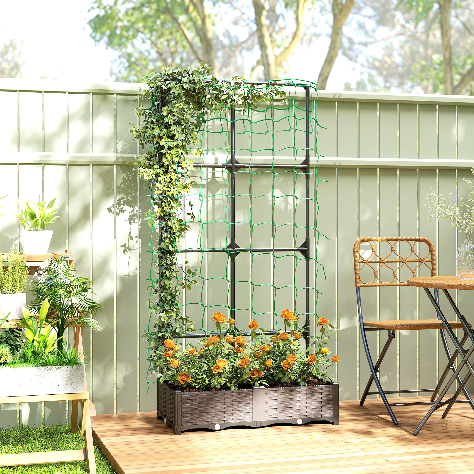 Outsunny 2PCS Plastic Planter Box with Trellis, Self-Watering Raised ...