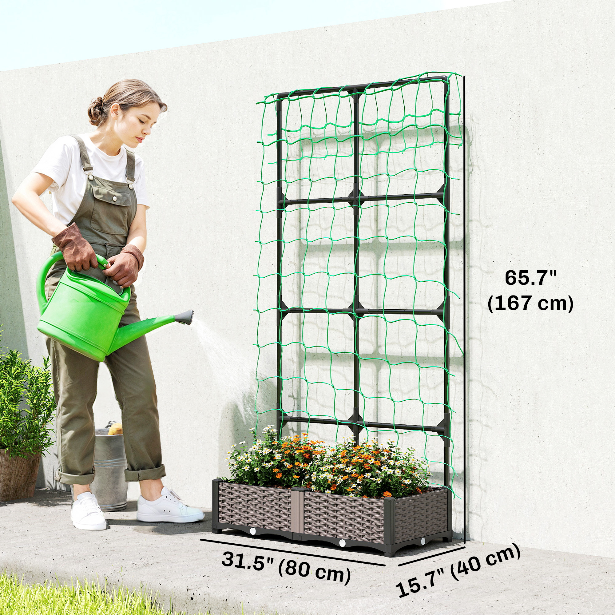Outsunny 2PCS Plastic Planter Box with Trellis, Self-Watering Raised ...