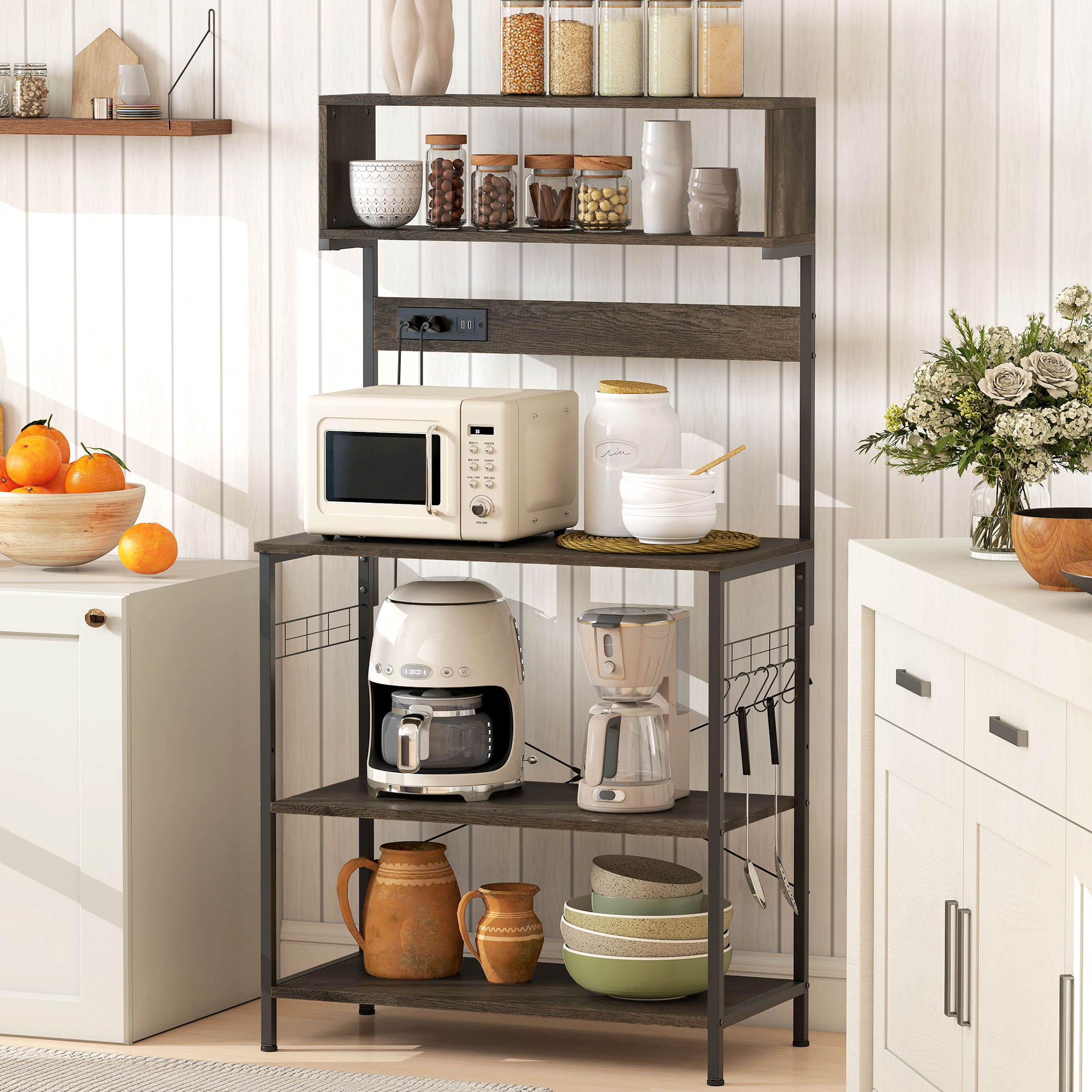 HOMCOM Baker's Rack with Charing Station, Microwave Shelf with Power ...