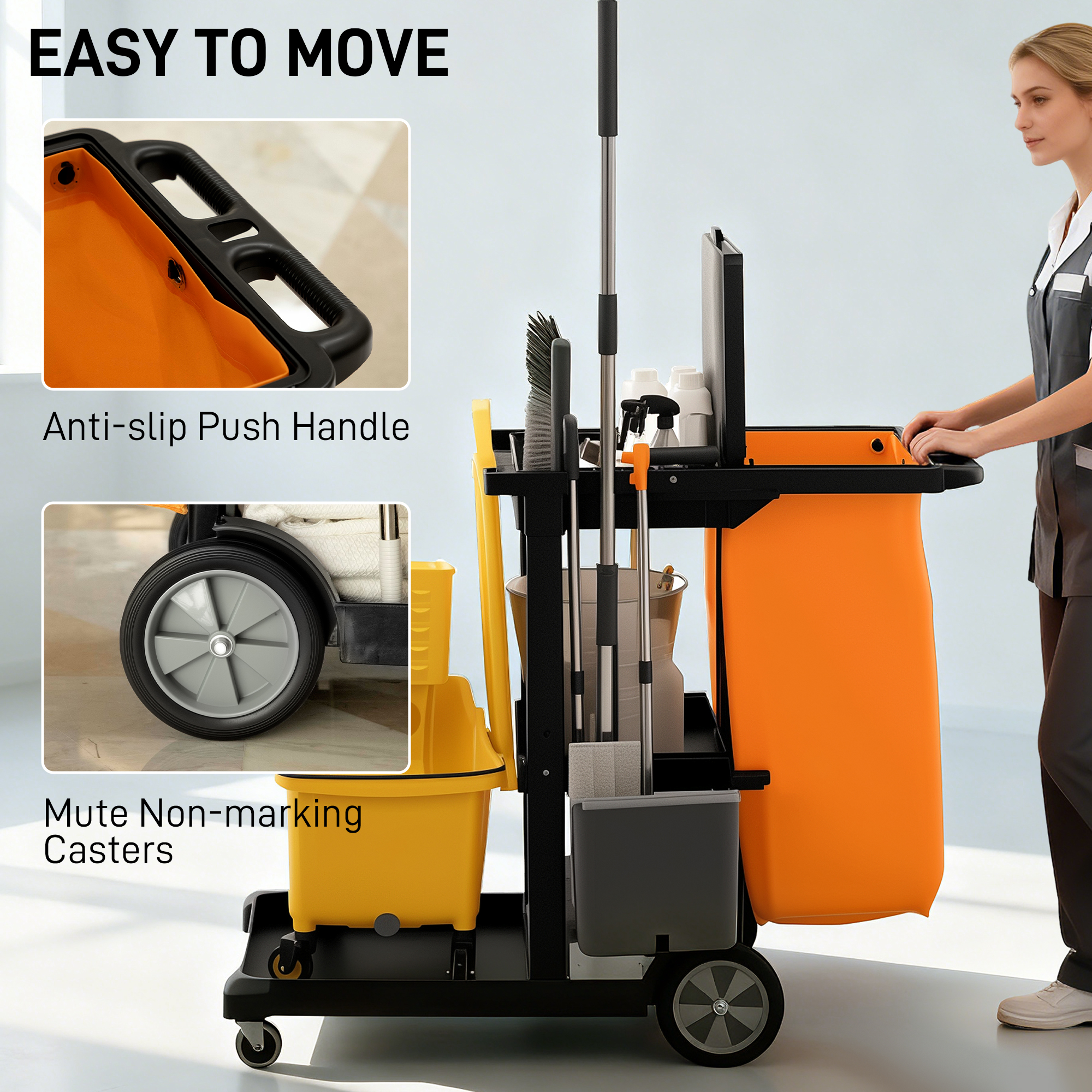HOMCOM Commercial Janitorial Cart with 3 Tier Shelves, Cleaning Cart ...