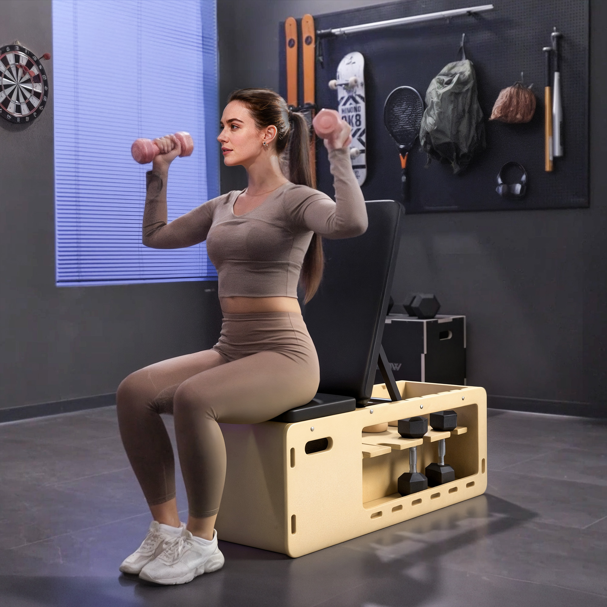 Soozier Wooden Workout Bench with Dumbbell Rack and Resistance Bands ...