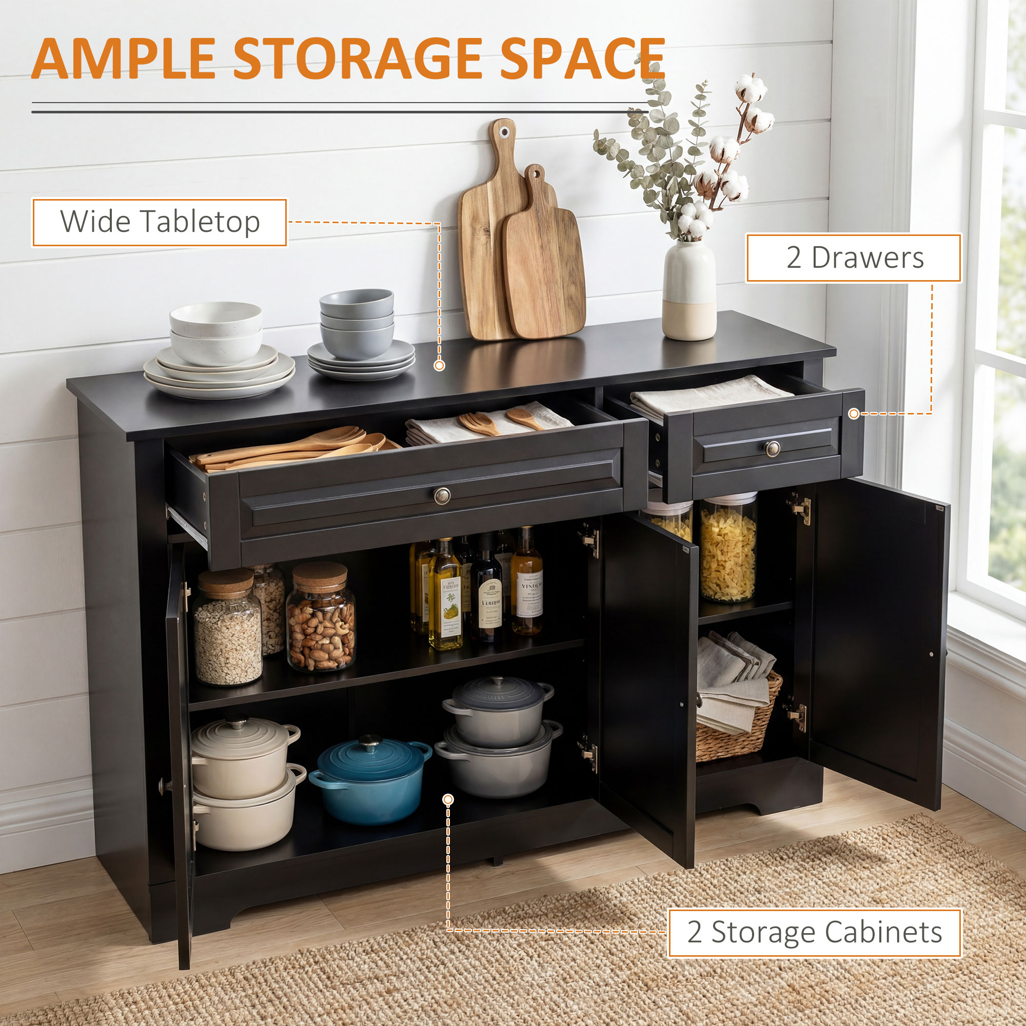 HOMCOM Modern Sideboard Cabinet, Buffet Cabinet with 2 Drawers and ...