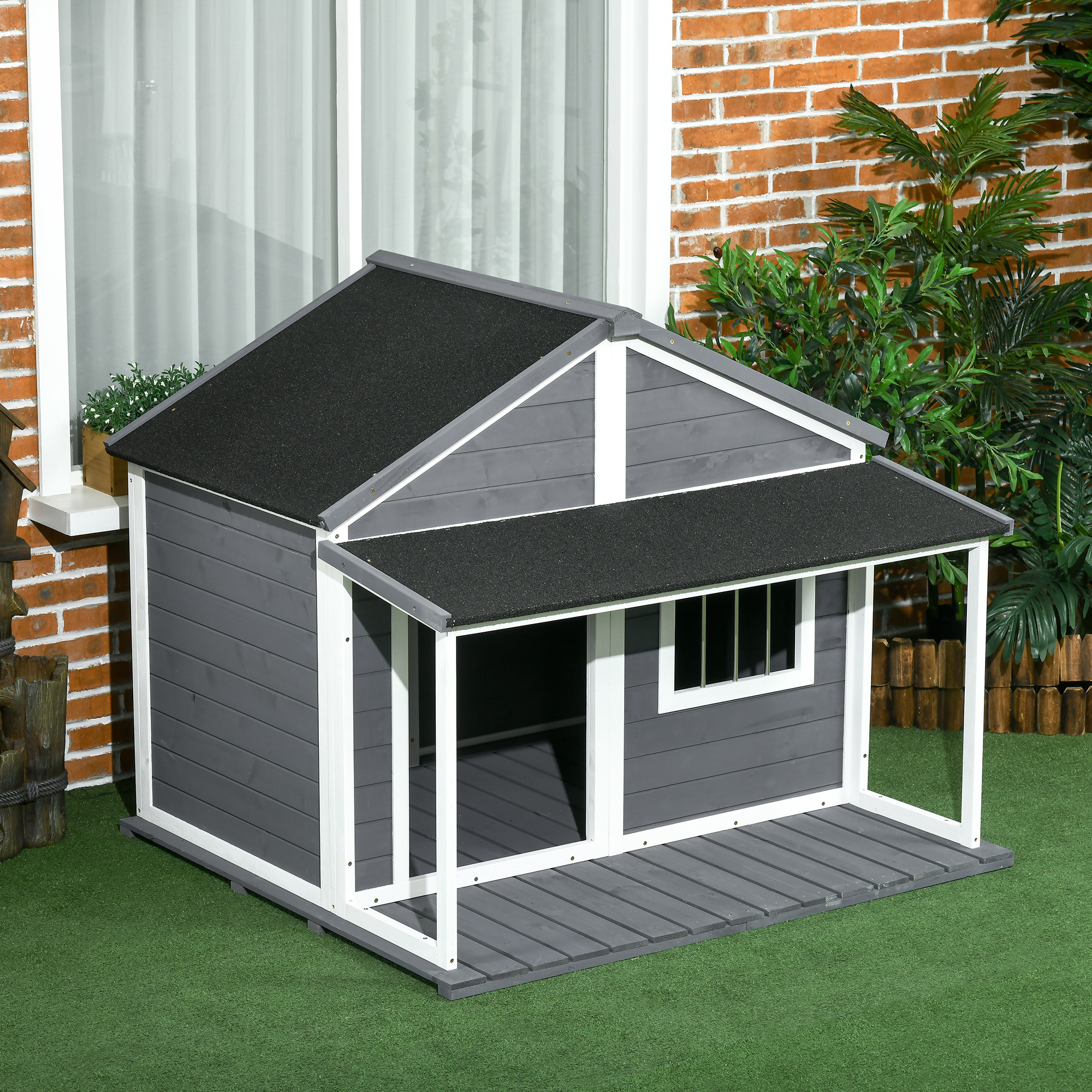 PawHut Outdoor Cabin Style Dog House, Medium Dogs, 53 lbs., Gray ...