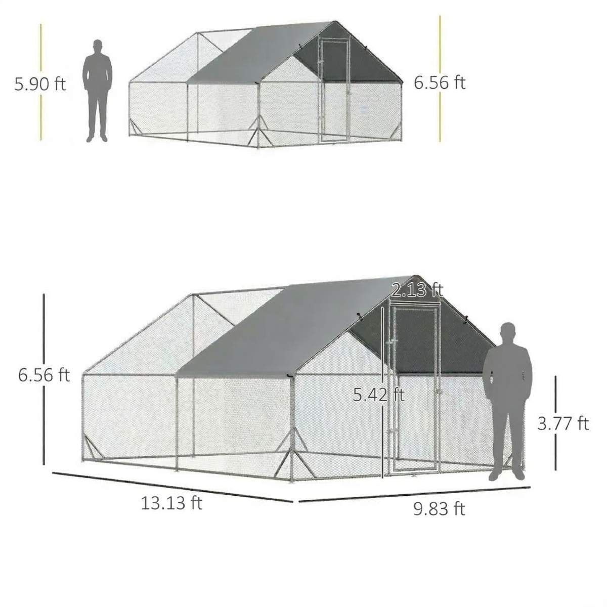 Galvanized Metal Frame Chicken Run with Cover and Lockable Door, Silver ...
