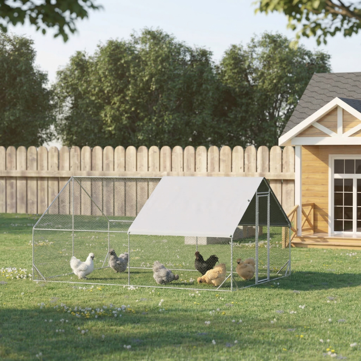Galvanized Metal Frame Chicken Run with Cover and Lockable Door, Silver ...