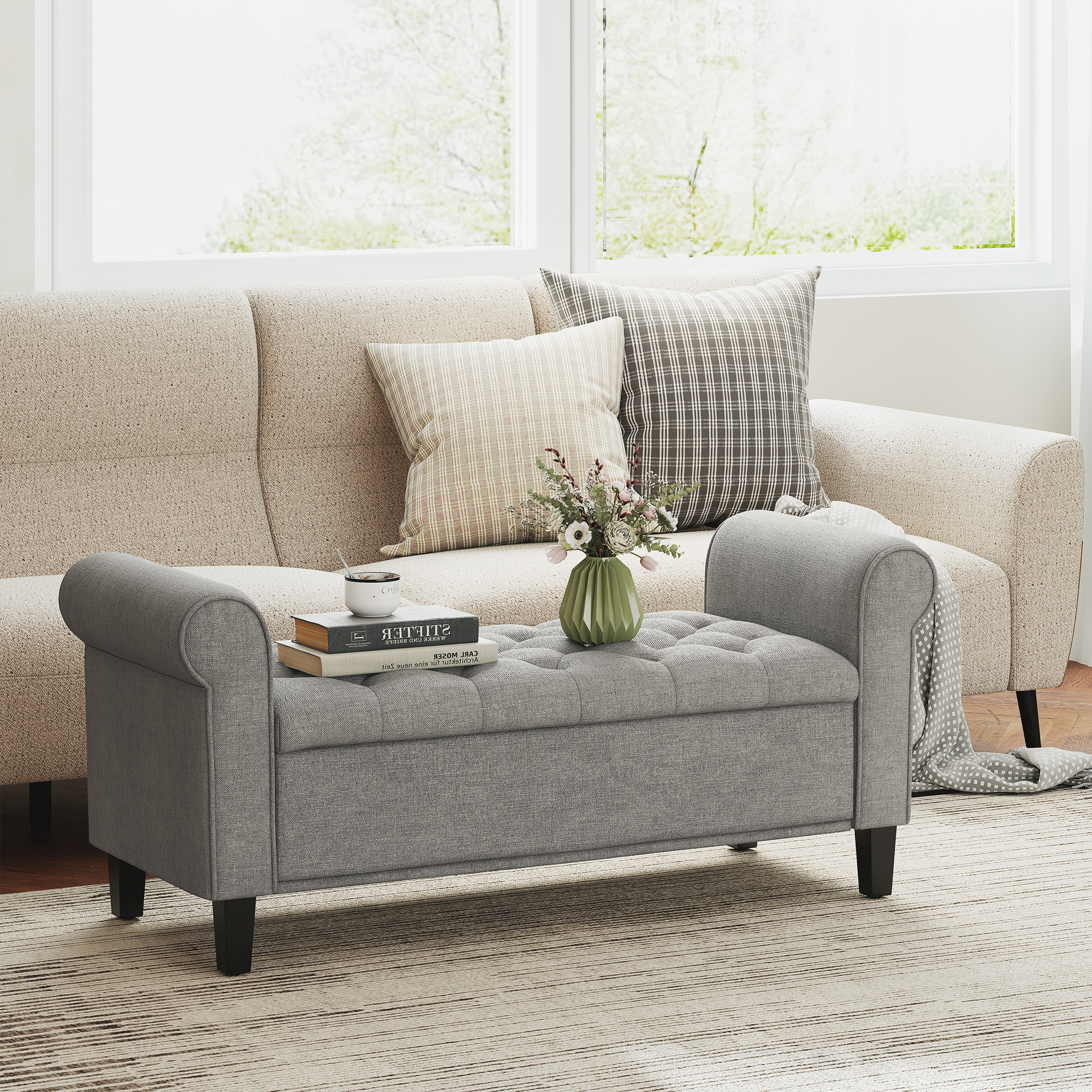 HOMCOM 50 Inches Storage Ottoman, End of Bed Bench with Rolled Arms ...