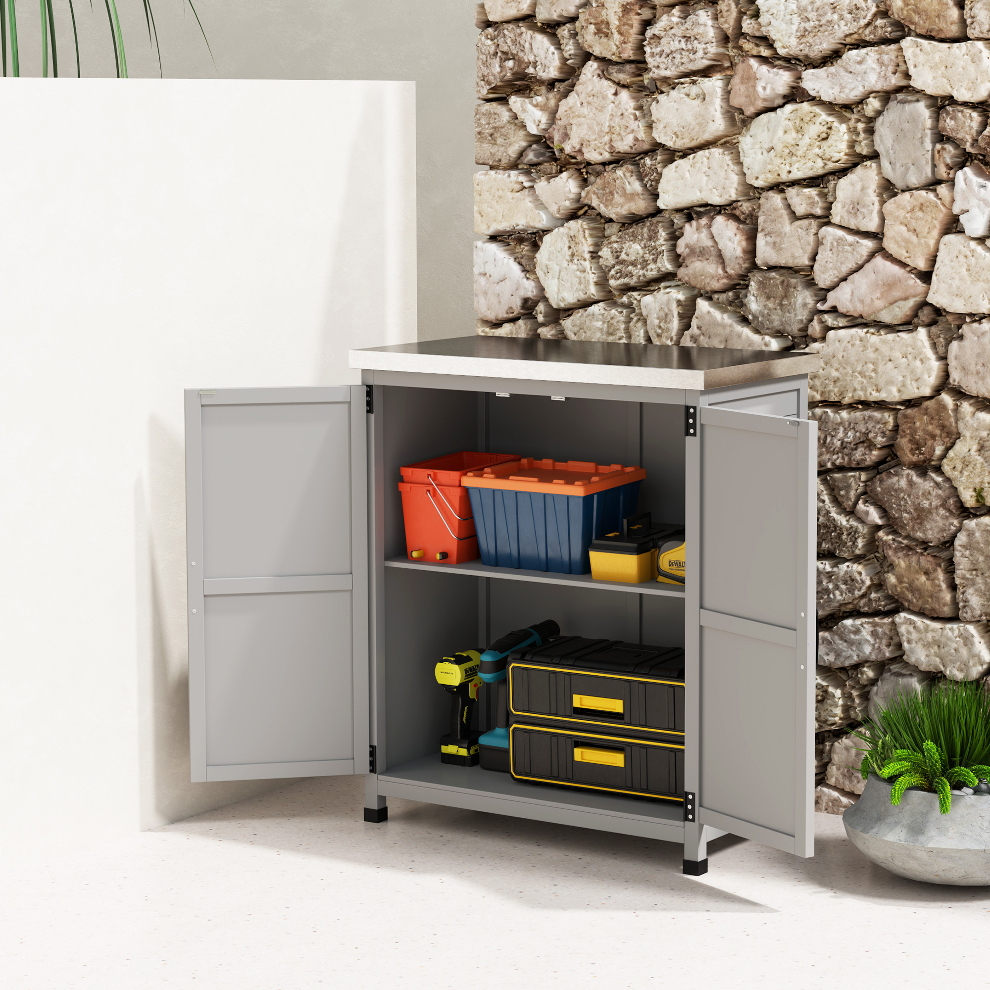 Outsunny Wooden Storage Cabinet, Outdoor Prep Table with Metal Tabletop ...