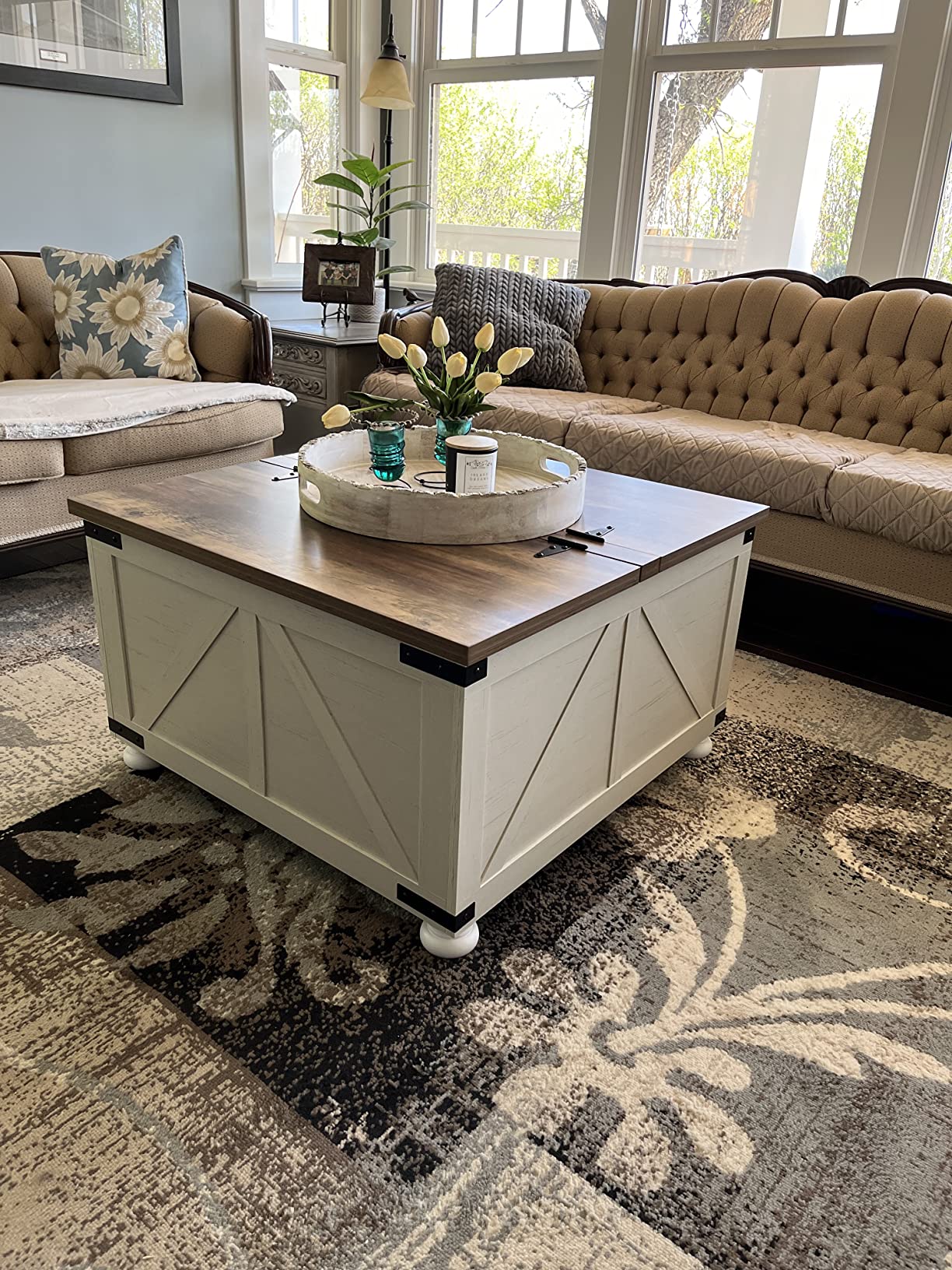 HOMCOM Farmhouse Coffee Table, Square Center Table with Flip-top Lids ...