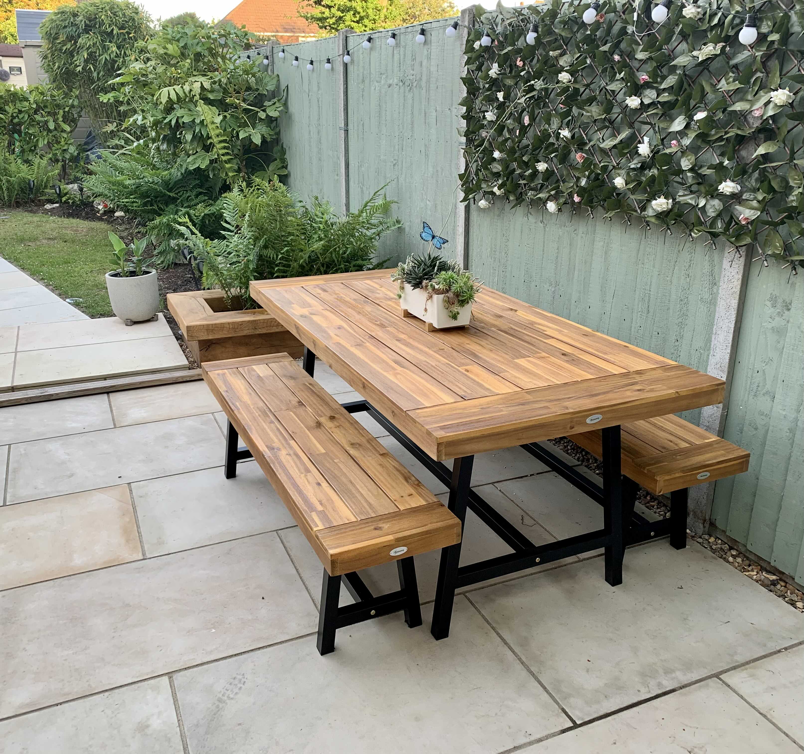 Outsunny 71" 3 Piece Acacia Wood Rustic Outdoor Picnic Table and Bench ...
