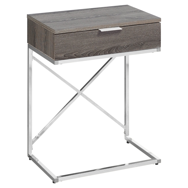 Monarch 24 Contemporary End Table Night Stand with Large Storage Drawer and Metal X Design Frame Dark Taupe Wood Grain Look Chrome Base Aosom