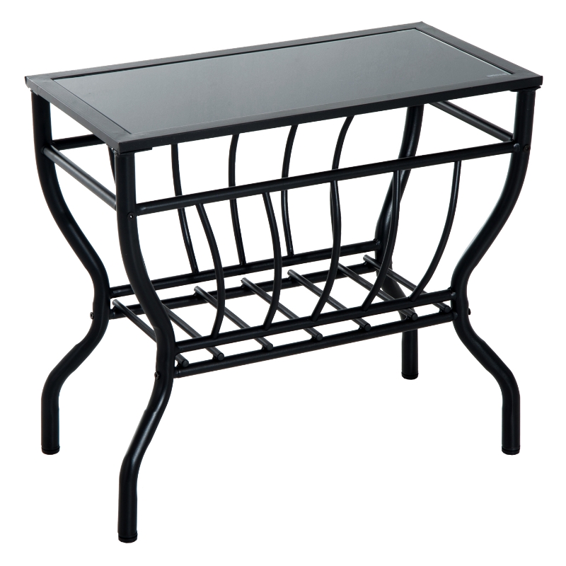 HomCom Metal Magazine Rack End Table w/ Glass Top - Black Glass Top ...