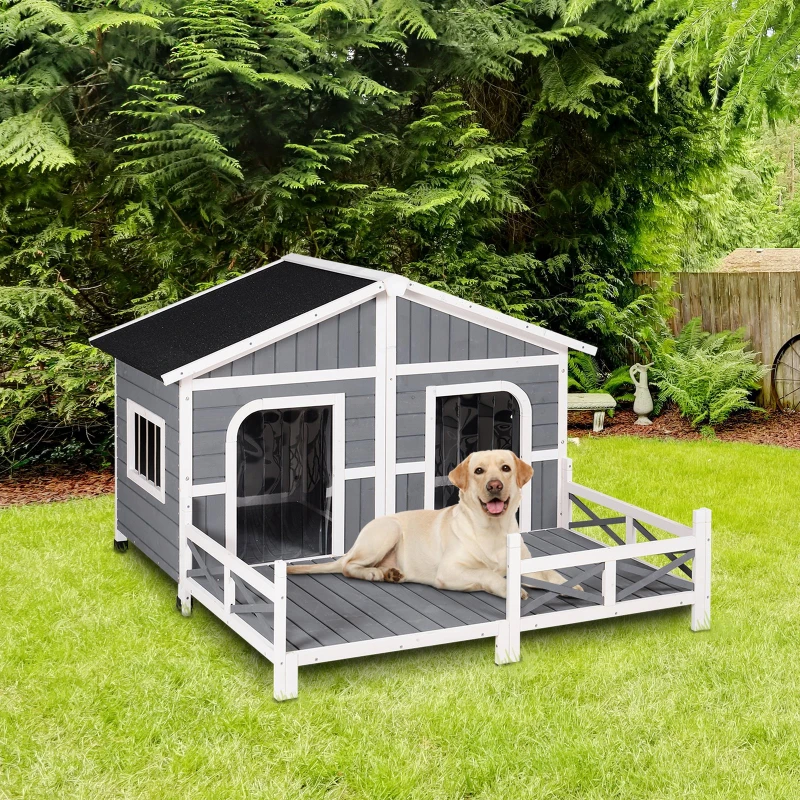 PawHut Wood Large Dog House Cabin Style Elevated Pet Shelter Outdoor ...