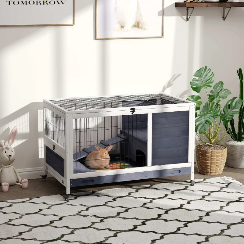 PawHut Wooden Indoor Rabbit Hutch Elevated Cage Habitat with Enclosed ...