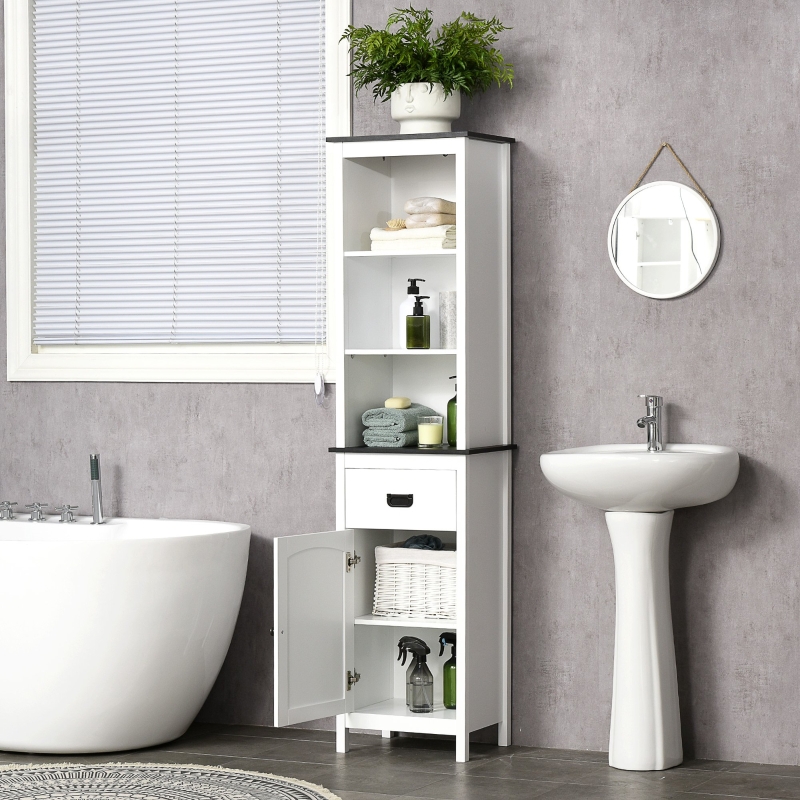 kleankin Tall Bathroom Storage Cabinet, Floor Standing Linen Cabinet ...
