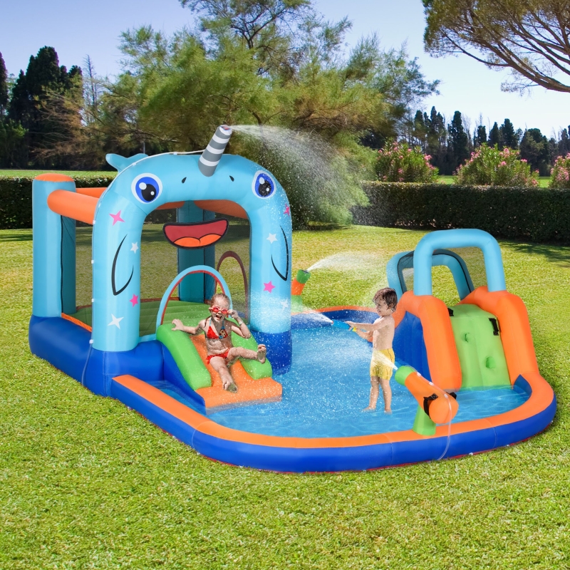 Outsunny 5-in-1 Inflatable Water Slide, Narwhals Style Kids Castle ...