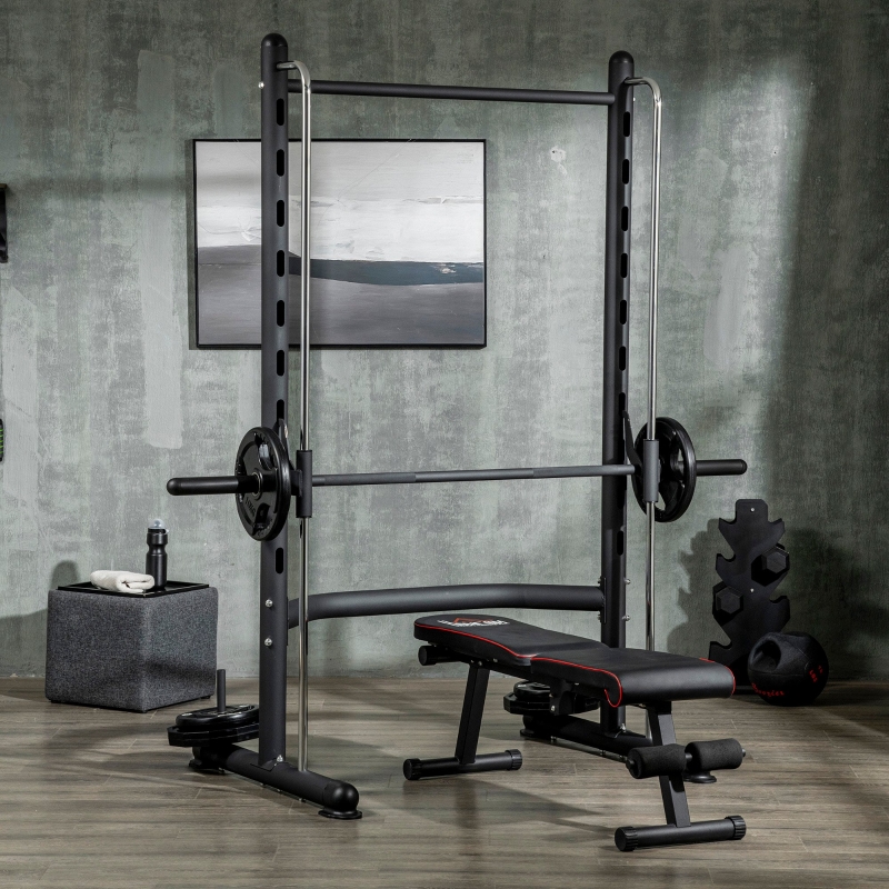 Soozier Squat Rack with Pull Up Bar and Barbell Bar Adjustable Bench ...
