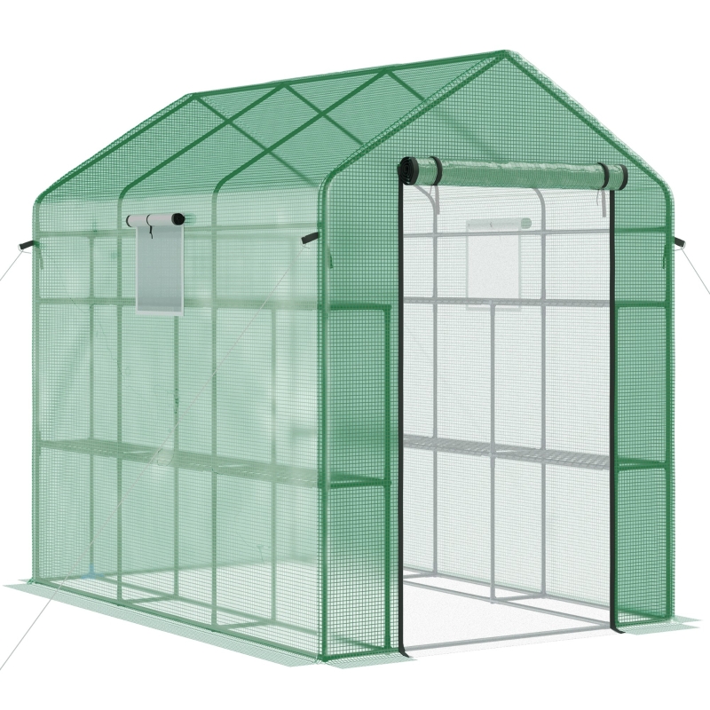 Outsunny 7' x 5' x 6' 2-Tier Shelf Greenhouse with Door, Windows, PE ...