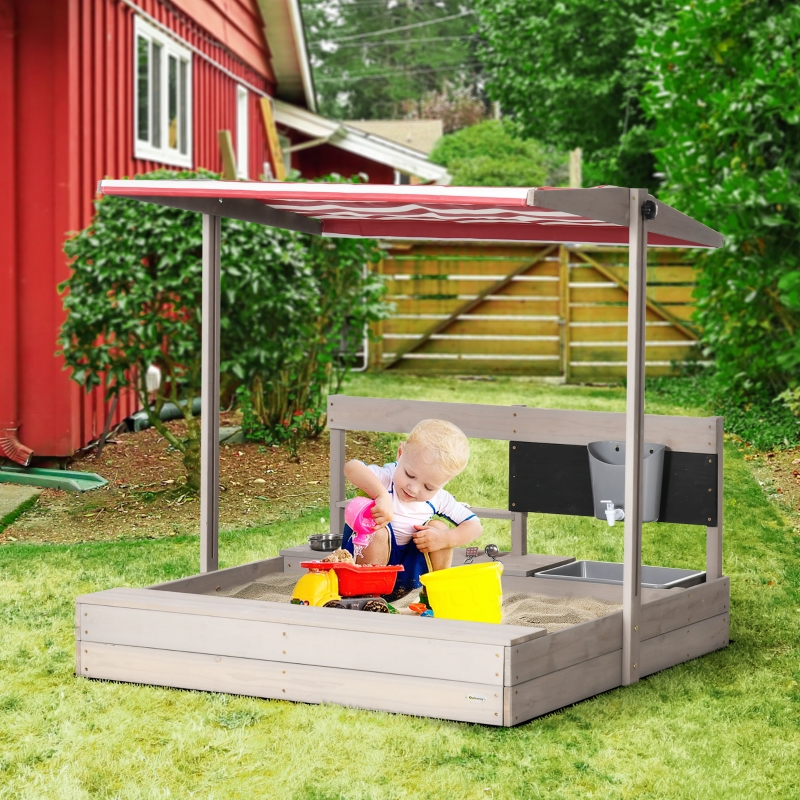 Outsunny Kids Sandbox with Cover, Wooden Sand Box with Adjustable ...