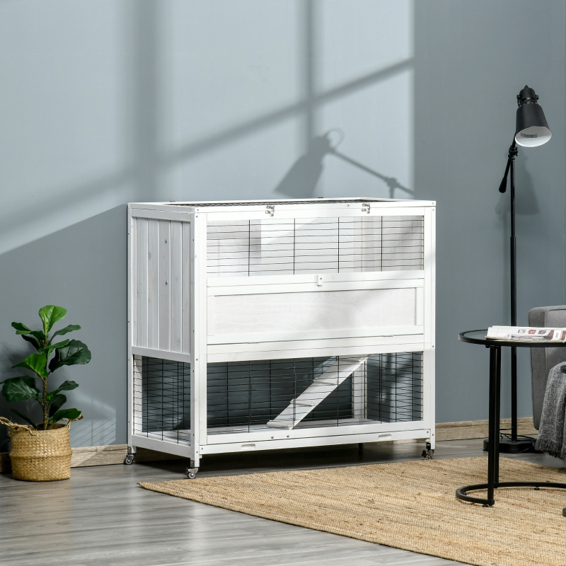PawHut 42.5" Wooden Rabbit Hutch Indoor with Wheels, Bunny Cage with ...