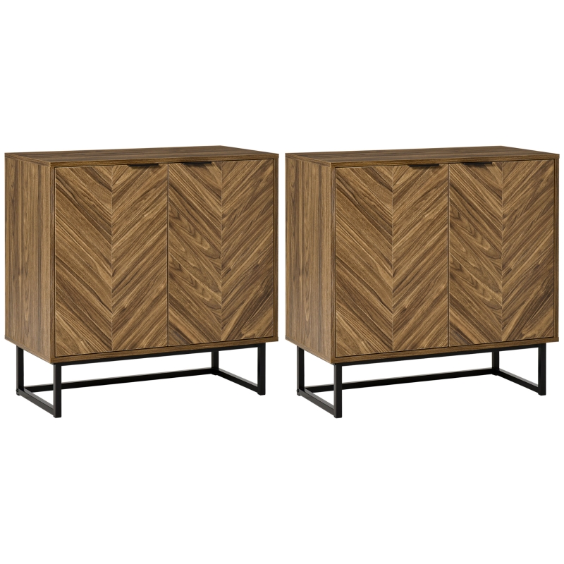 Homcom Kitchen Storage Cabinet Buffet Cabinet Sideboard with Chevron Double Doors Adjustable Shelf Set of 2 Walnut