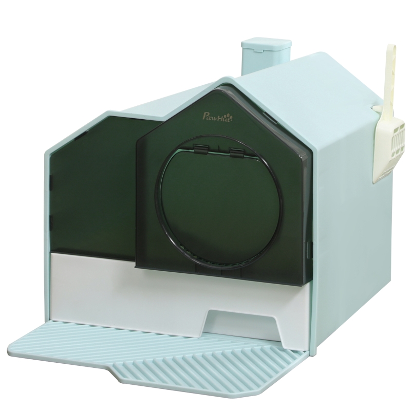 PawHut Hooded Cat Litter Box w Litter Mat Litter Particle Catching Light Blue Aosom
