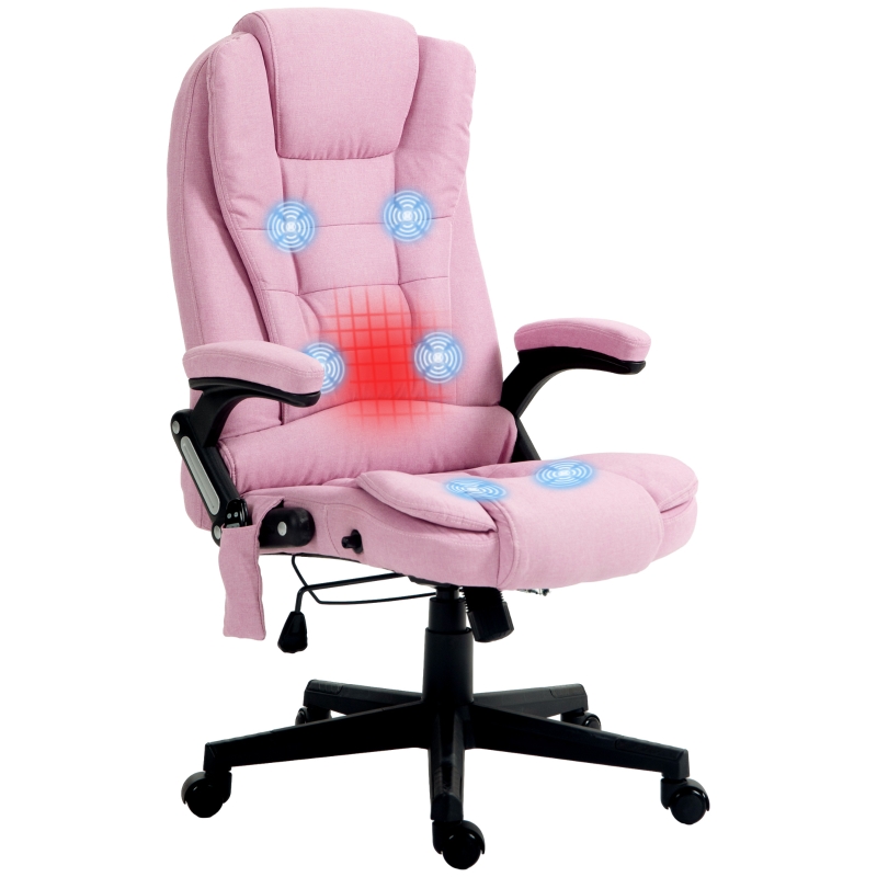 Homcom 6 Point Vibrating Massage Office Chair with Heat Linen High Back Executive Office Chair with Reclining Backrest Pink