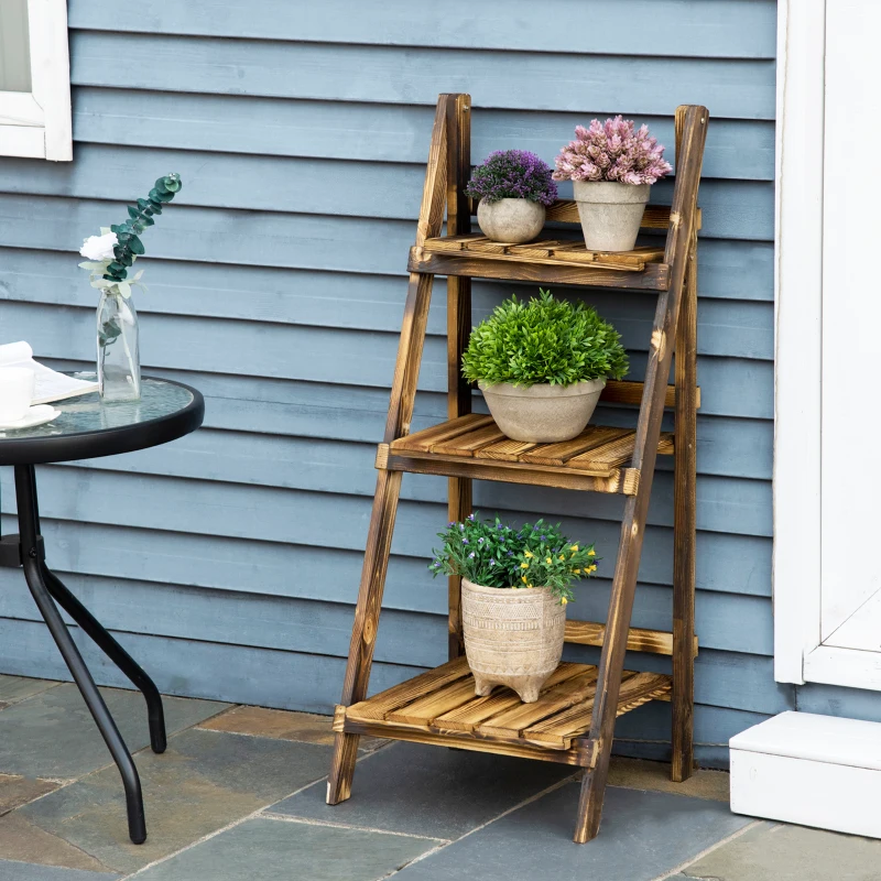 Outsunny Wooden Rustic 3-Tier Foldable Ladder Raised Plant Stand with ...