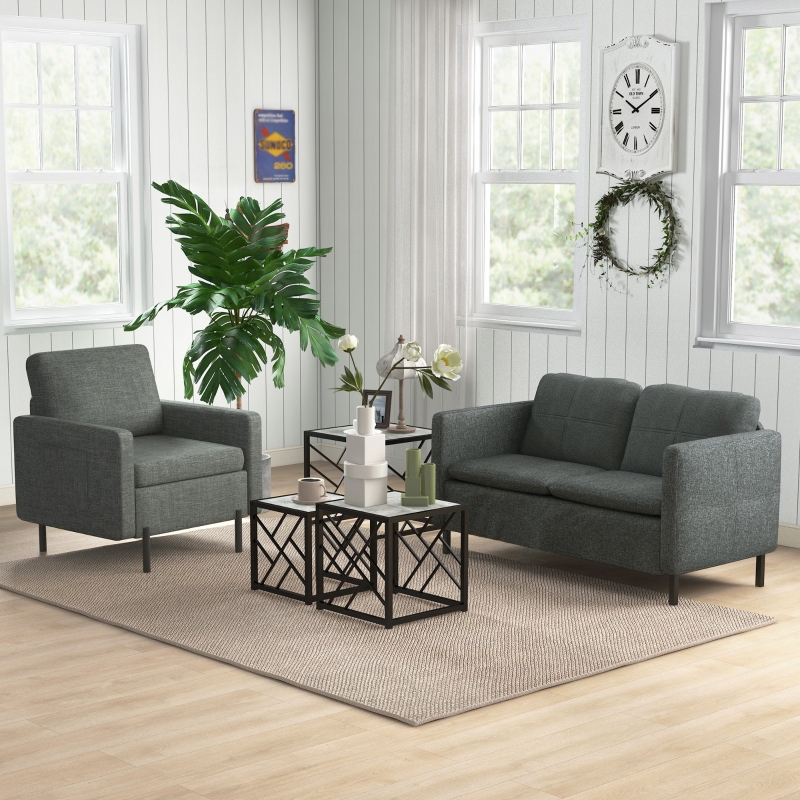 HOMCOM Armchair Fabric Accent Chair Modern Living Room Chair with Metal Legs 2 Side Pockets for Bedroom Grey Aosom Canada