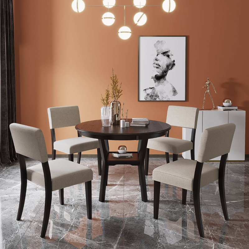 5 Piece Kitchen Dining Table Set with Bottom Shelf and 4 Upholstered Chairs Espresso Aosom