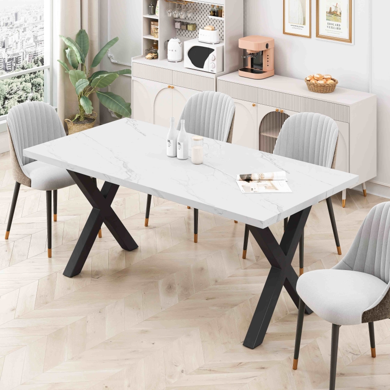 70.87 Modern Square Dining Table with Printed White Marble Table Top White Aosom