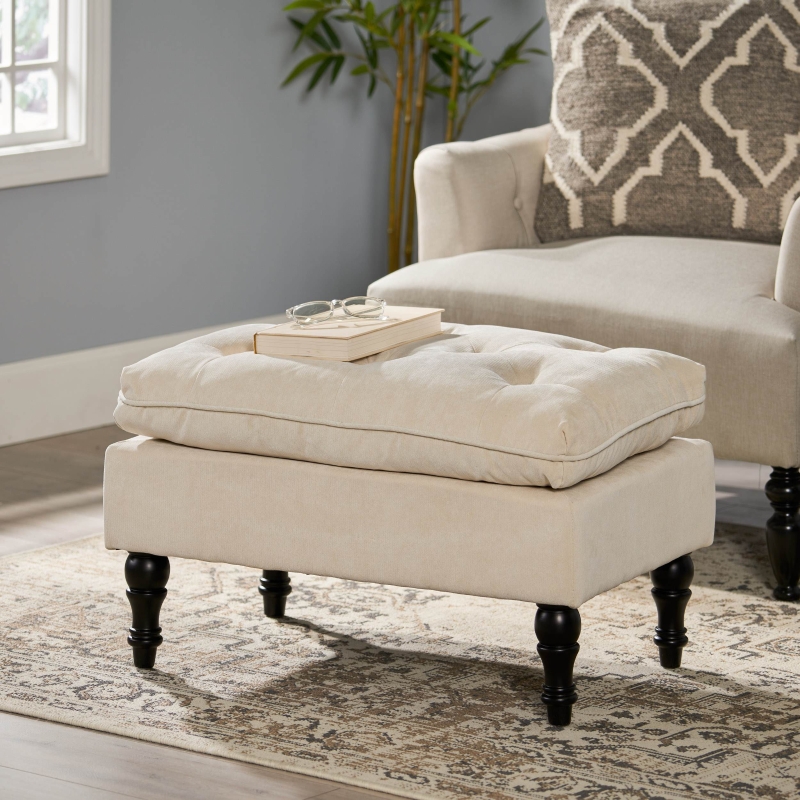 Lofton 28 inch Pillow Top Tufted Ottoman with Turned Birch Legs Upholstered Fabric Footstool for Bedroom Cream
