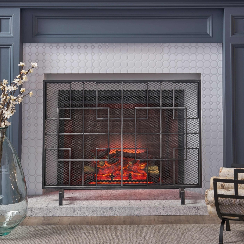 Modern Single Panel Decorative Fireplace Screen with Fine Mesh Black Silver Aosom