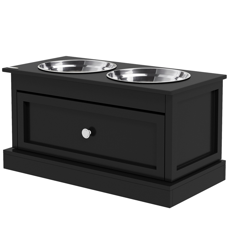 PawHut Elevated Dog Bowls with Storage Drawer Raised Dog Bowl Stand Pet Food Bowl Dog Feeding Station Black Aosom