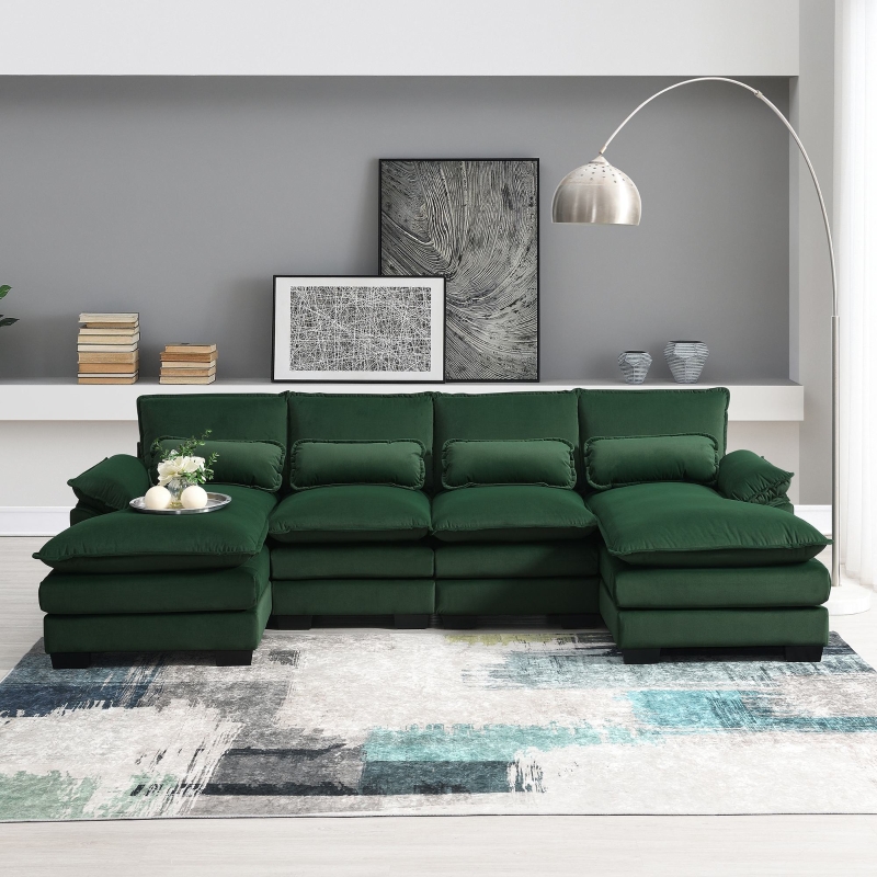 Velvet U Shaped Sectional Sofa with Double Chaise 6 Seat Modular Sofa Couch with 4 Pillows for Living Room and Apartment Green