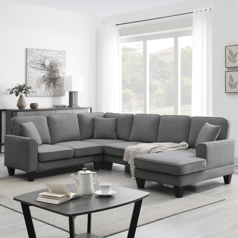 108 Modern U Shaped 7 Seat Fabric Sectional Sofa Set with 3 Pillows Dark Grey Aosom
