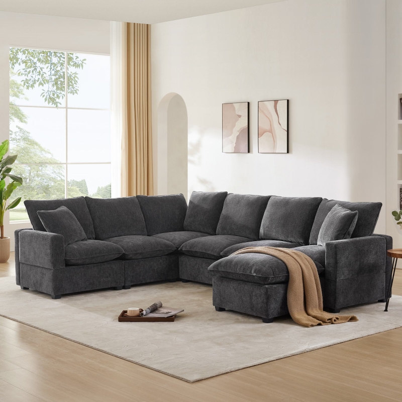 110 x 84 Modern U Shape 7 Seat Chenille Modular Sofa Set with 2 Pillows Black Grey Aosom