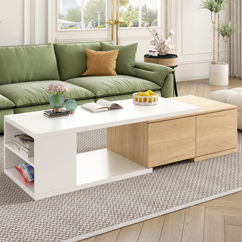 Extendable Coffee Table with 2 Storage Drawers White Aosom
