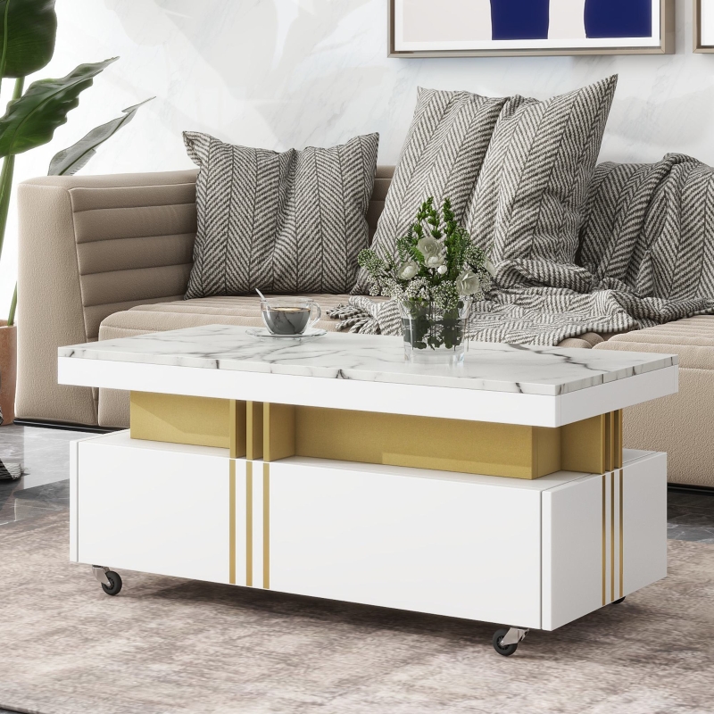 Contemporary Coffee Table with Faux Marble Top White Aosom