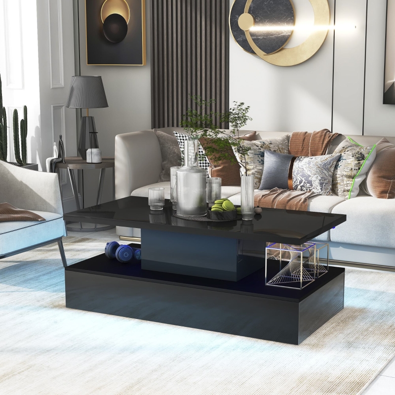 Modern Industrial Design Coffee Table with LED Lighting Black Aosom