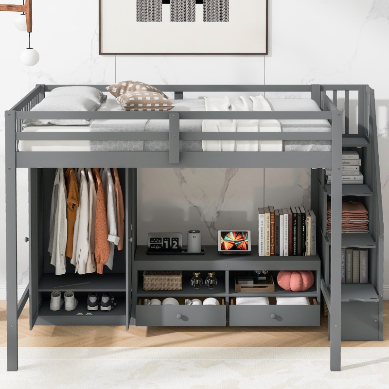 Full Size Loft Bed Frame with Wardrobe Gray Aosom