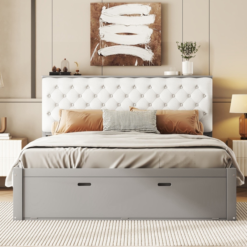 Wood Queen Size Platform Bed with Storage Headboard Gray Aosom