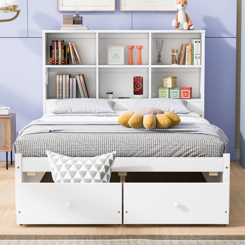 Full Size Platform Bed with Storage Headboard White Aosom
