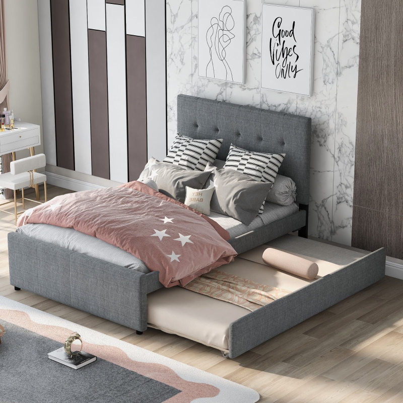 Full Size Linen Upholstered Platform Bed with Headboard and Trundle Gray Aosom