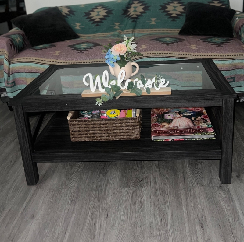 Homcom Coffee Table with Tempered Glass Tabletop Living Room Table with Wood Frame and Underneath Storage Shelf Black