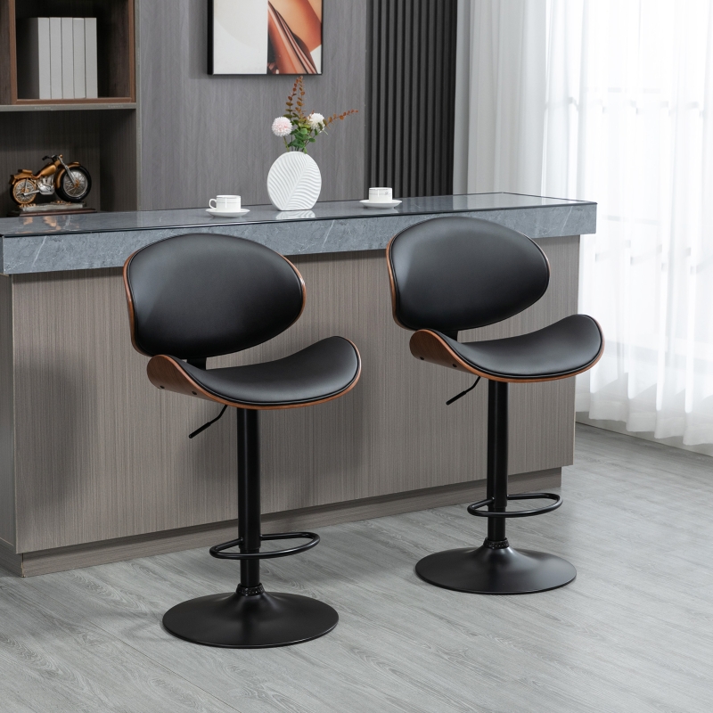 HOMCOM Bar Stools Set of 2 Modern PU Leather Adjustable Swivel Barstools with Curved Back Footrest and Steel Base Black Aosom Canada